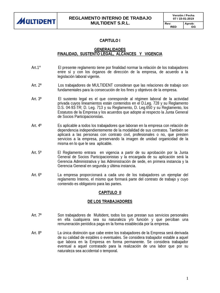 Reglamento Interno de Trabajo Multident SRL | PDF | Derecho laboral ...