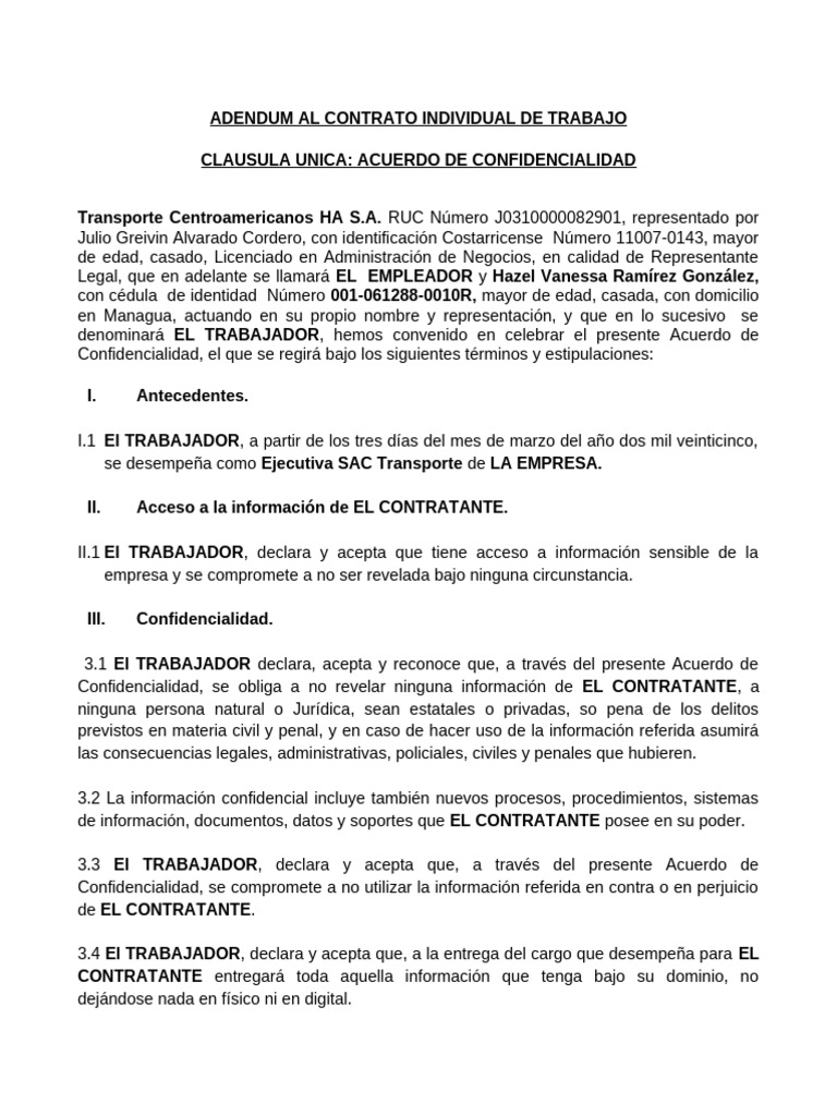 Acuerdo de Confidencialidad Hazel Ramírez | PDF | Acuerdo de no divulgación | Violación