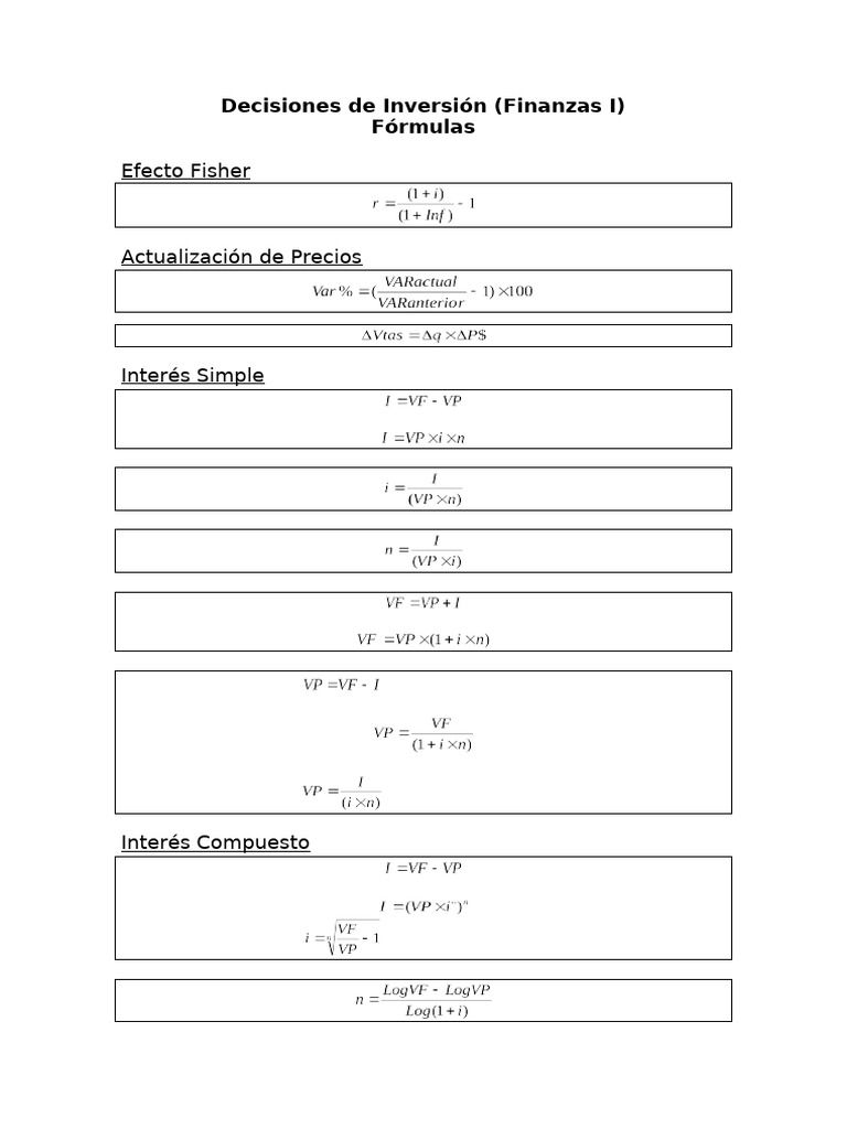 Decisiones de Inversión FORMULAS | PDF