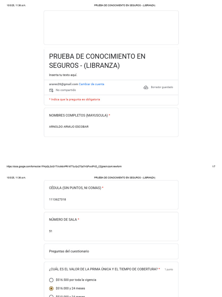 Prueba de Conocimiento en Seguros - (Libranza) | PDF