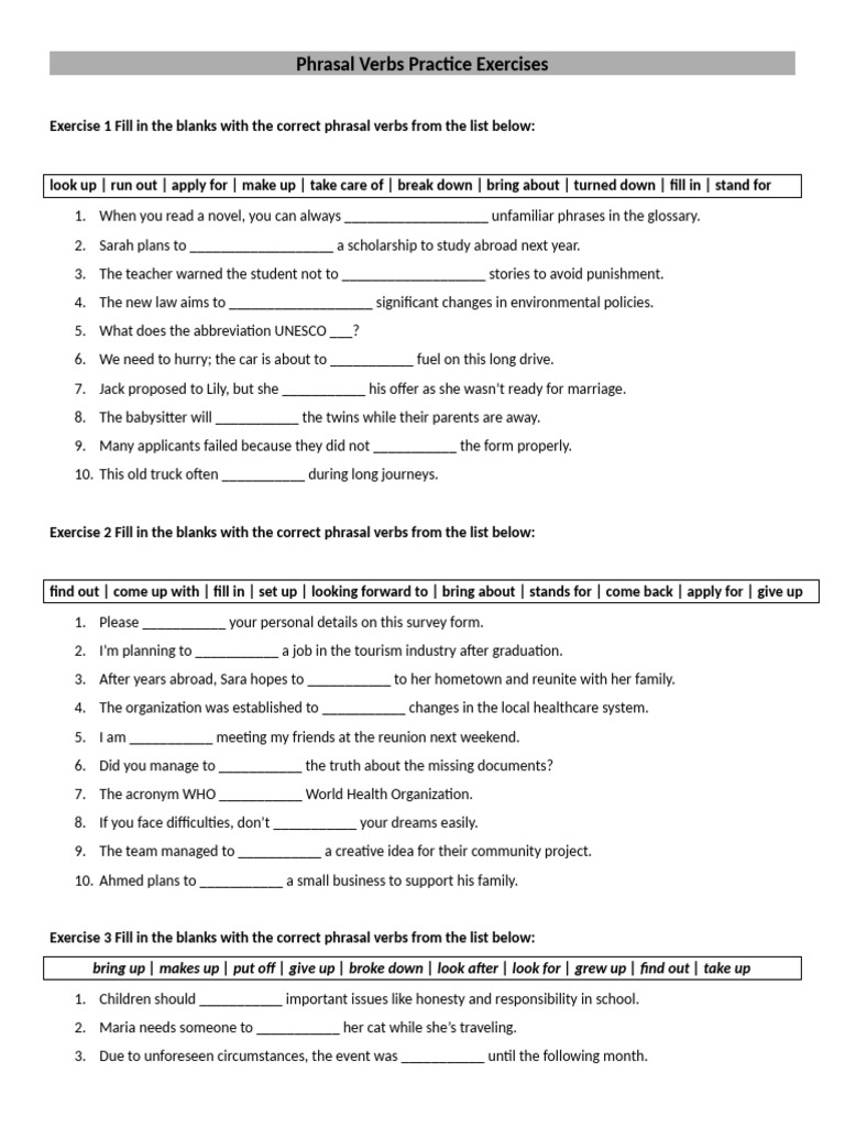 Phrasal Verbs Practice Exercises | PDF