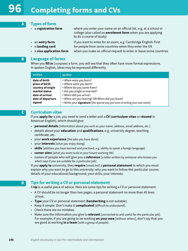 Completing forms and CVs | PDF | Linguistics