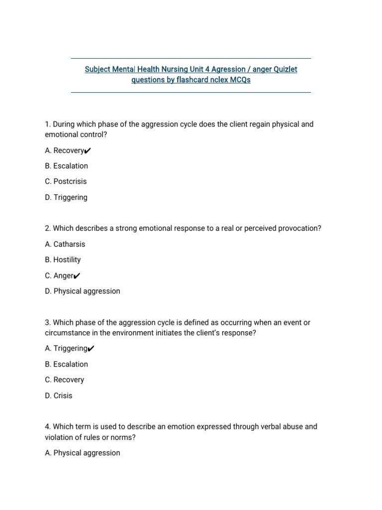 MHN Unit 4 Agression Practice MCQs by Nursing Tutor | PDF | Anger | Aggression