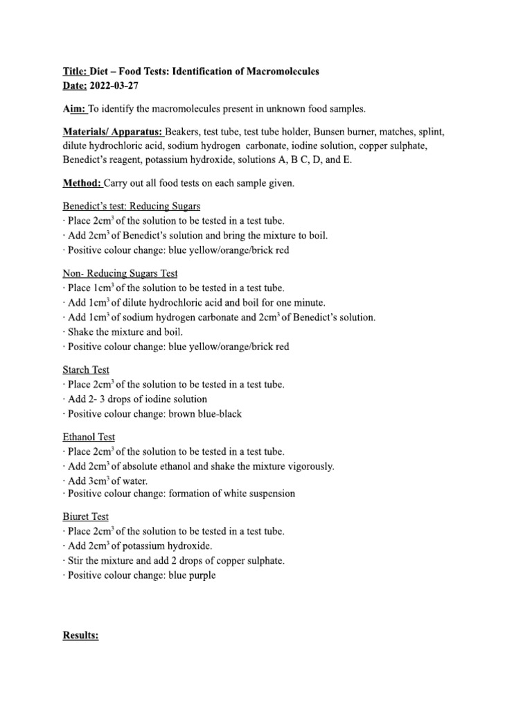 Biology Lab (Food Test) | PDF