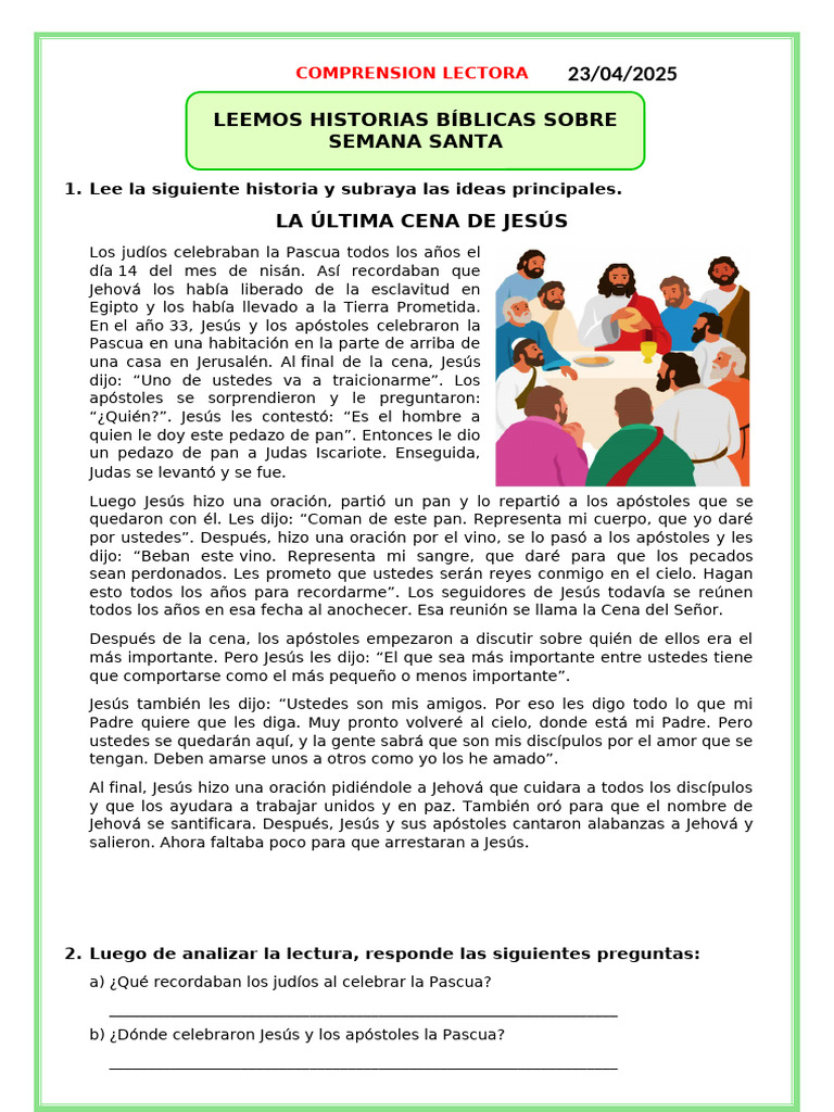 Comprensión Lectora Com-Leemos Historias Bíblicas Sobre Semana Santa 23 ...