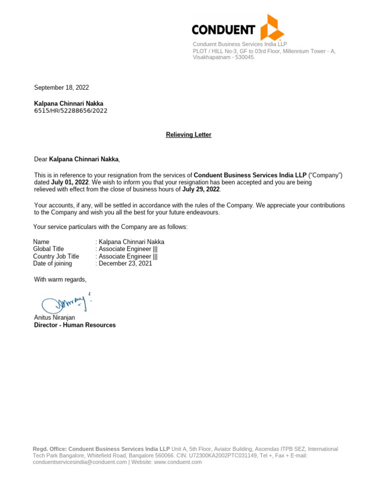 Conduent Relieving Letter for Kalpana Nakka | PDF