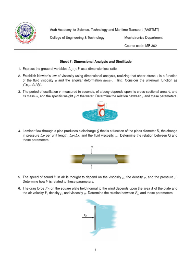 Fluid_Mechanics_1_Sheet_7_Dimentional_Q | PDF | Viscosity | Drag (Physics)