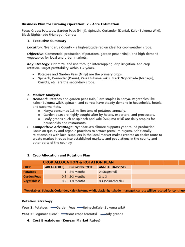Vegetable Farming Business Plan Kenya | PDF