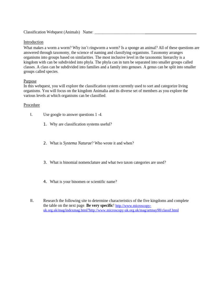 Animal Classification Webquest NEW | PDF | Taxonomy (Biology) | Genus
