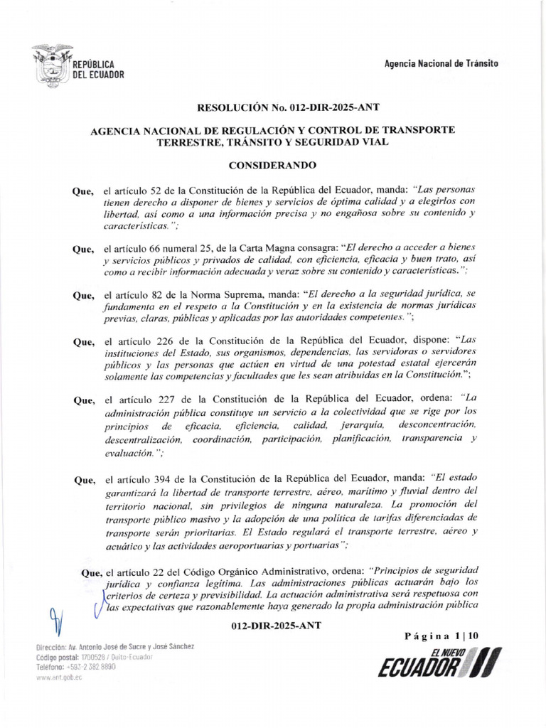 Resolución No. 012-DIR-2025-ANT Reforma A La Resolución Nro. 005-DIR - 2025-ANT, de 31 de Enero ...