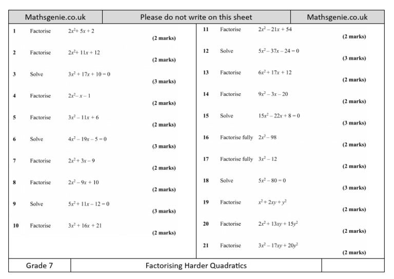 7 Factorising Harder Quadratics Ws | PDF