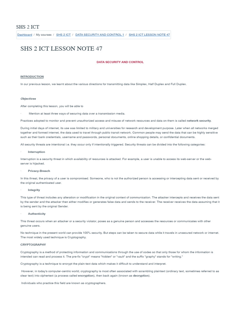 Ict 2 - SHS 2 Ict Lesson Note 47 | PDF | Cryptography | Encryption