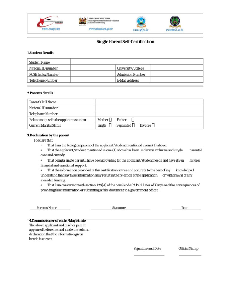 Single Parent Self Certification 2024 | PDF