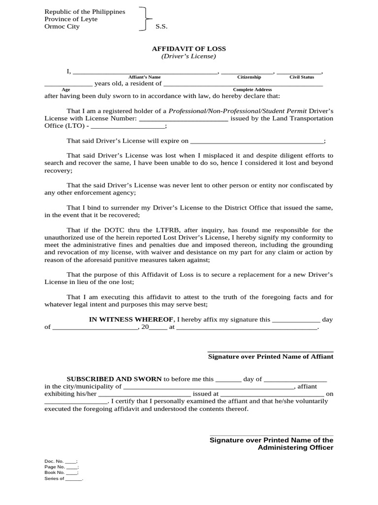 Affidavit of Loss LTO ID | PDF | Affidavit