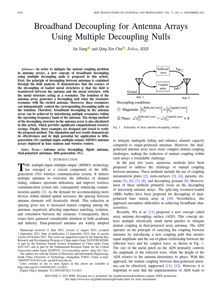 Broadband Decoupling For Antenna Arrays Using Multiple Decoupling Nulls | PDF | Antenna (Radio ...