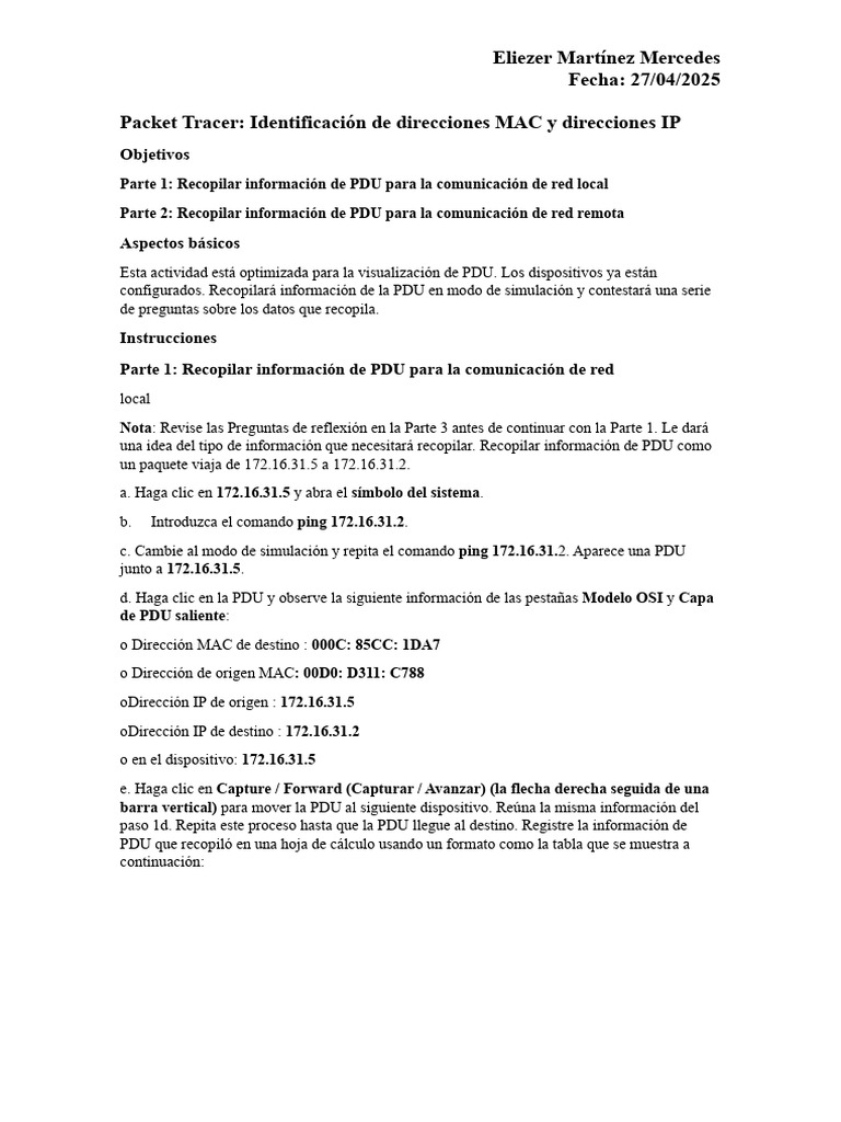 9.1.3 Packet Tracer - Identificar Direcciones MAC e IP | PDF | Enrutador (Computación ...