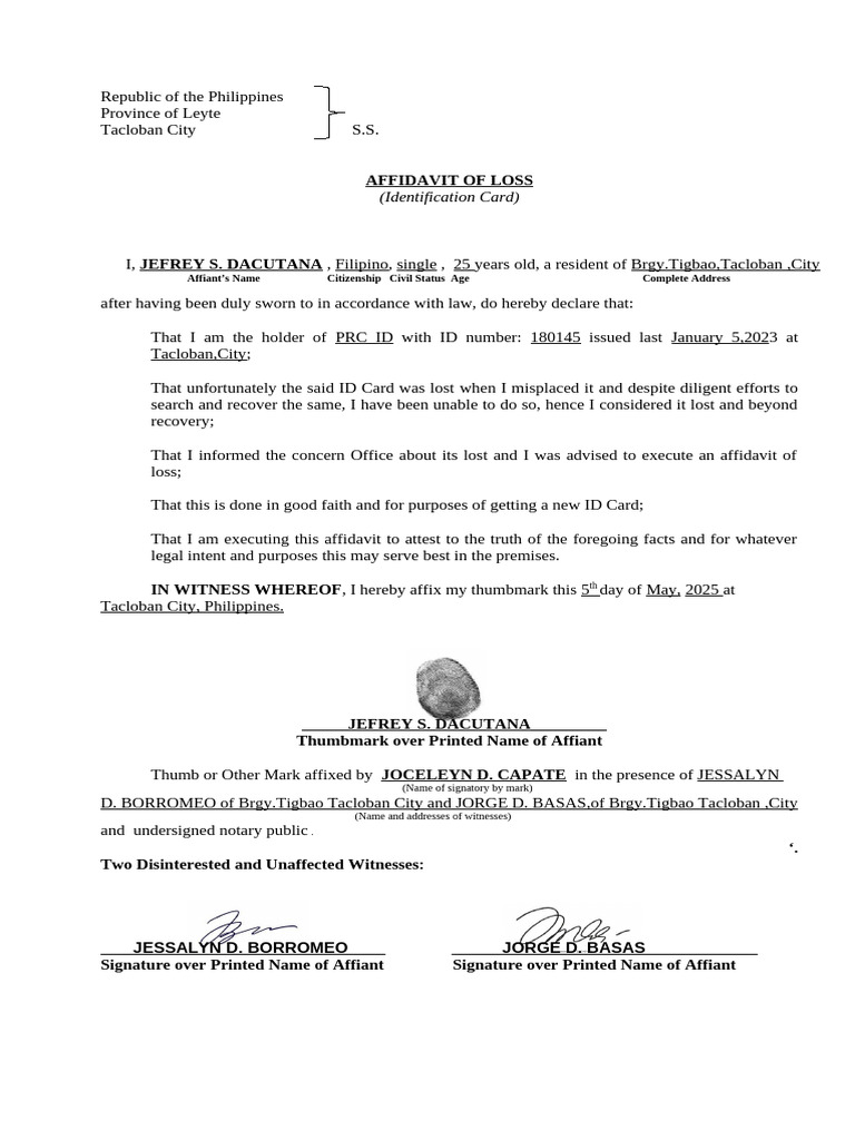 Affidavit of Loss for PRC ID Card | PDF | Affidavit | Legal Procedure