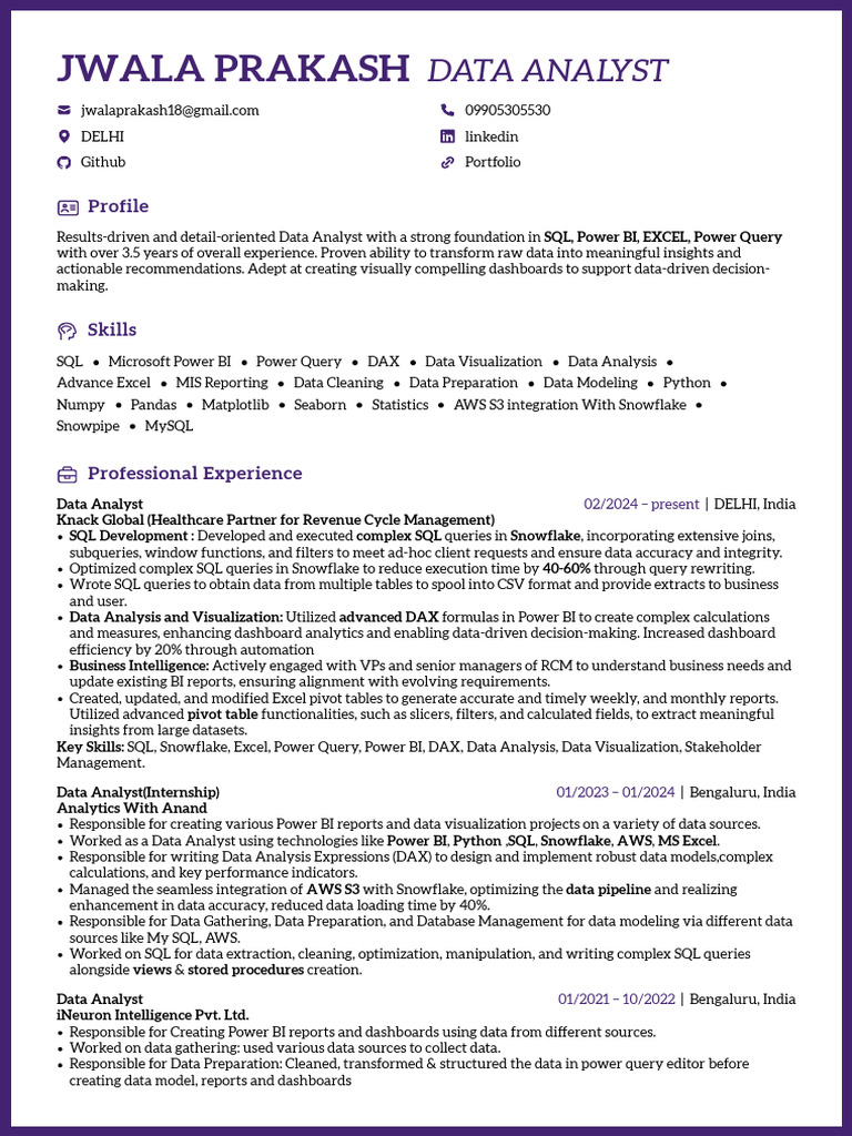 JWALA PRAKASH FlowCV Resume 20241565 | PDF | Data Analysis | Data