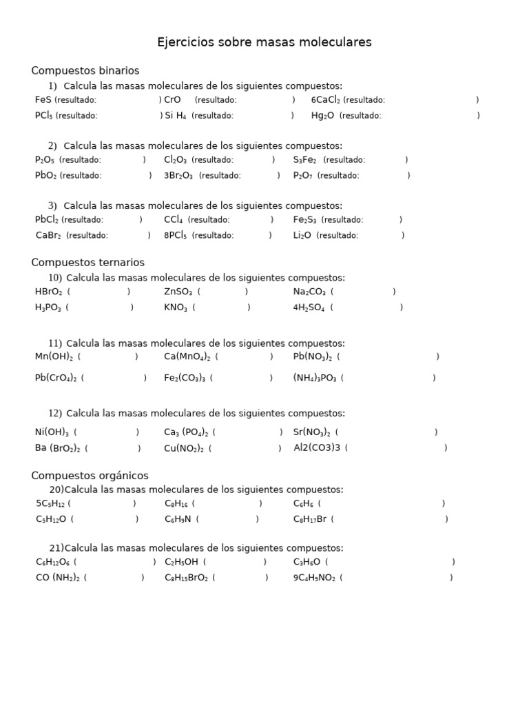 Ejercicios de Masa Molecular | PDF