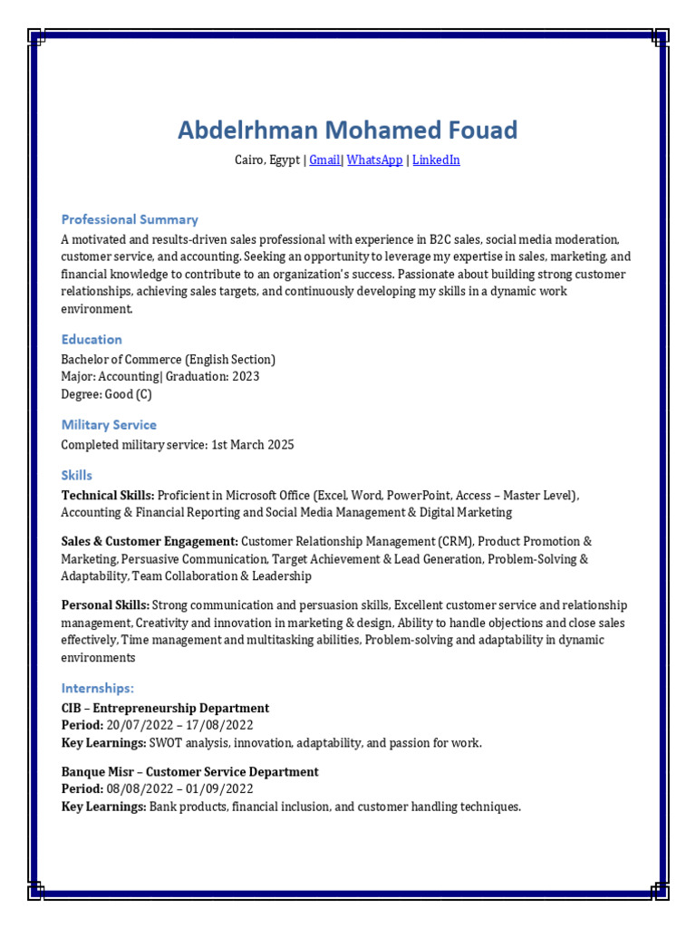 Abdelrhman Mohamed: Sales & Accounting Expert | PDF | Sales | Marketing