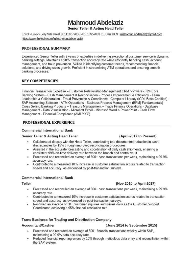 CV of Mahmoud Abdelaziz - Senior Teller | PDF | Business Process ...