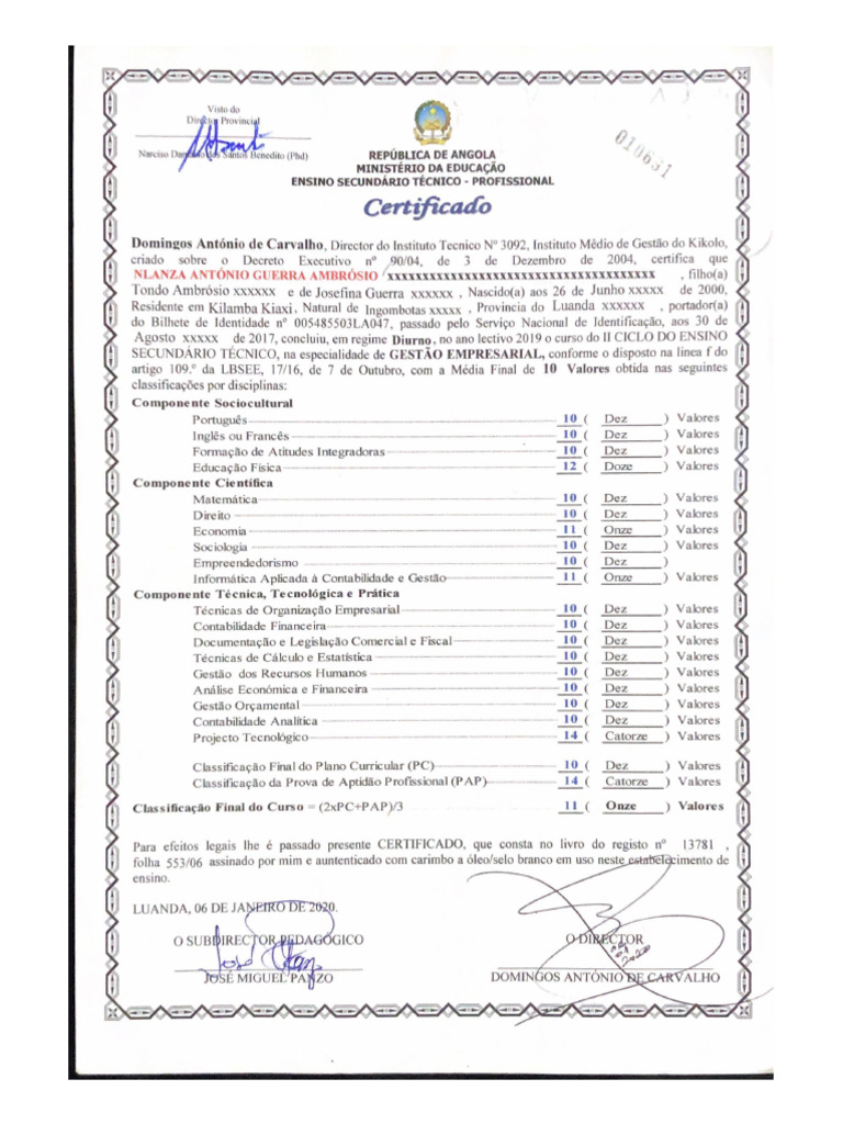 REPÚBLICA DE ANGOLA Certificado Medio | PDF