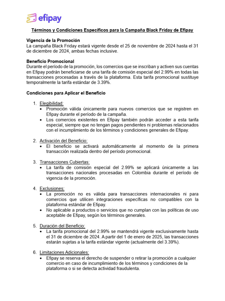 Términos y Condiciones Específicos para La Campaña Black Friday de Efipay | PDF
