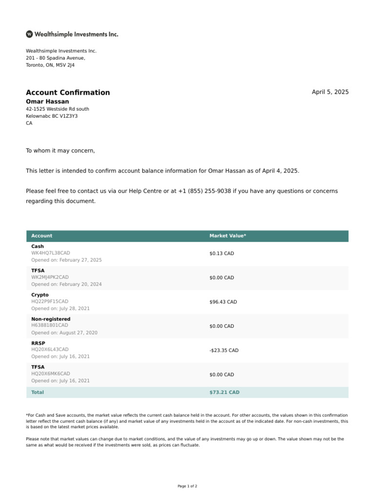Balance Confirmation 2025-04-04 | PDF | Investing | Securities (Finance)