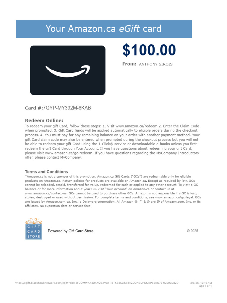 Your Amazon - Ca Egift Card | PDF