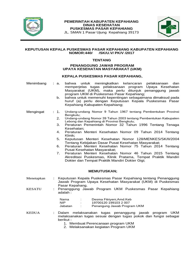 SK Penetapan PJ UKM PK Ocee | PDF