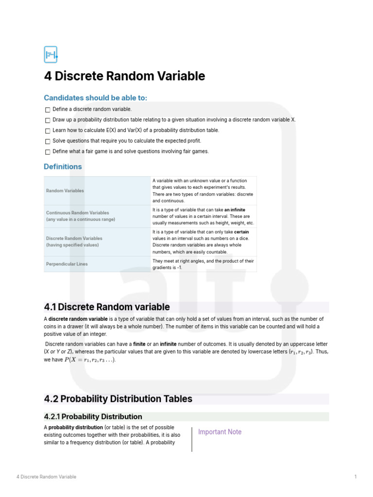 4 Discrete Random Variable | PDF | Variance | Probability Distribution