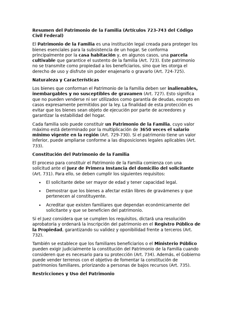 Resumen del Patrimonio de la Familia | PDF | Bienes (Ley) | Dominio eminente
