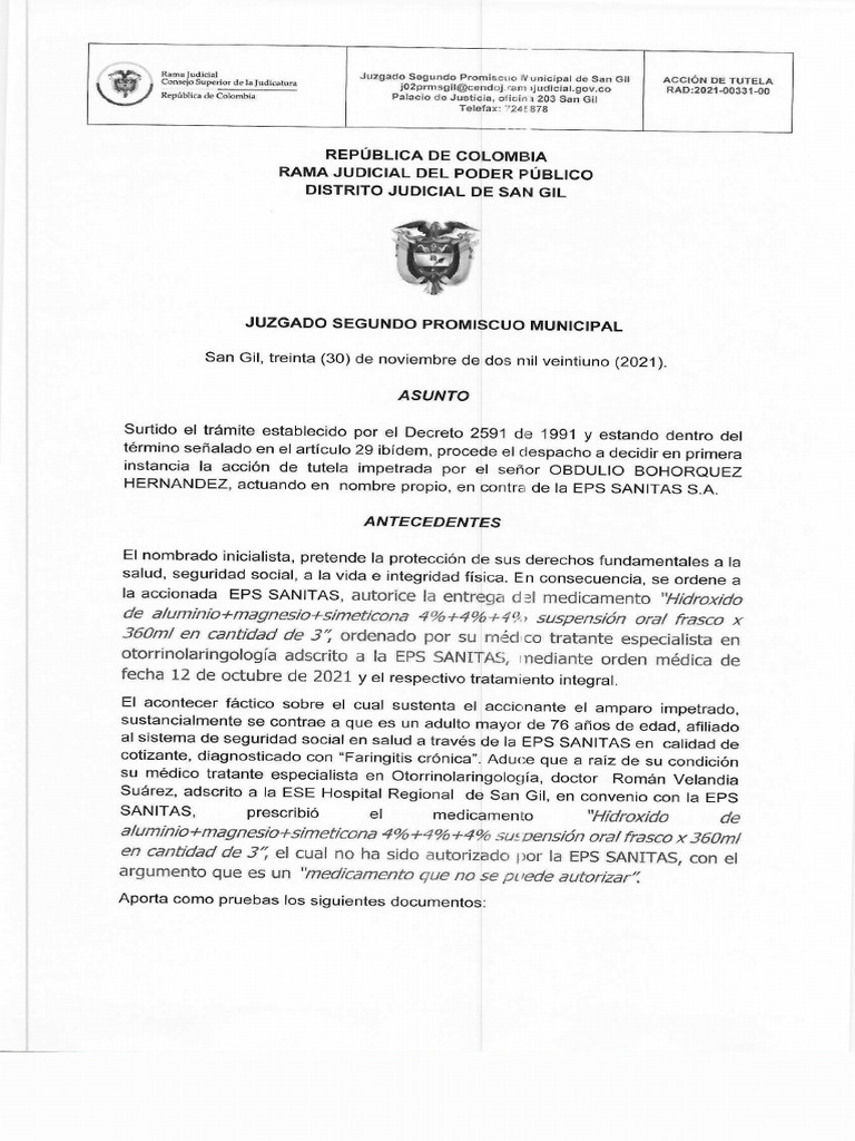 Fallo de Tutela Obdulio Bohorquez | PDF