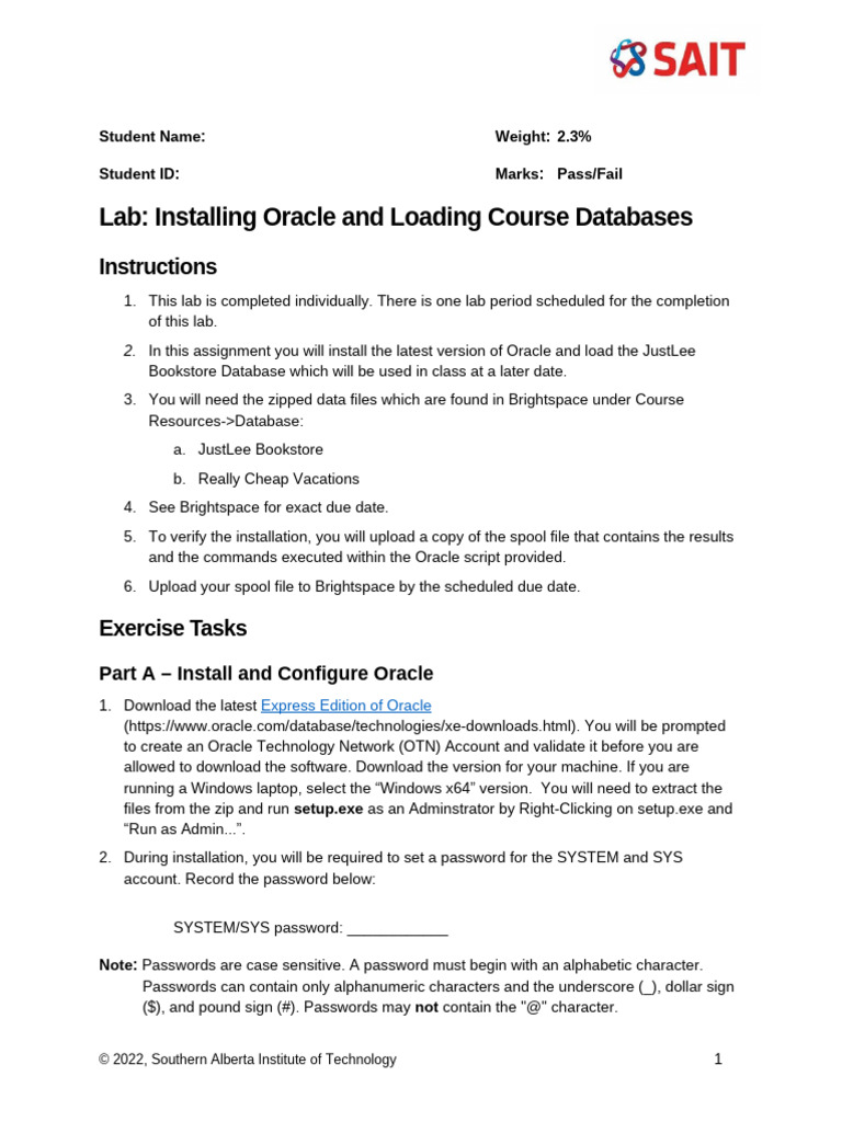 Lab Installing Oracle and Loading Course Databases | PDF | Computer File | Databases
