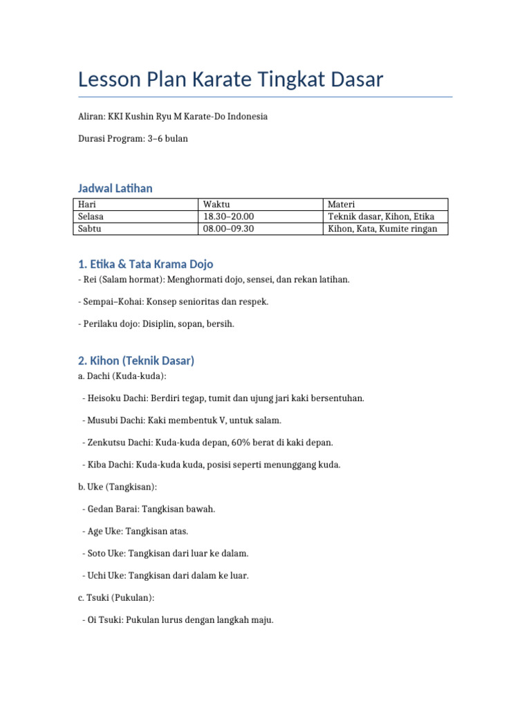 Rencana Pelatihan Karate KKI Dasar | PDF