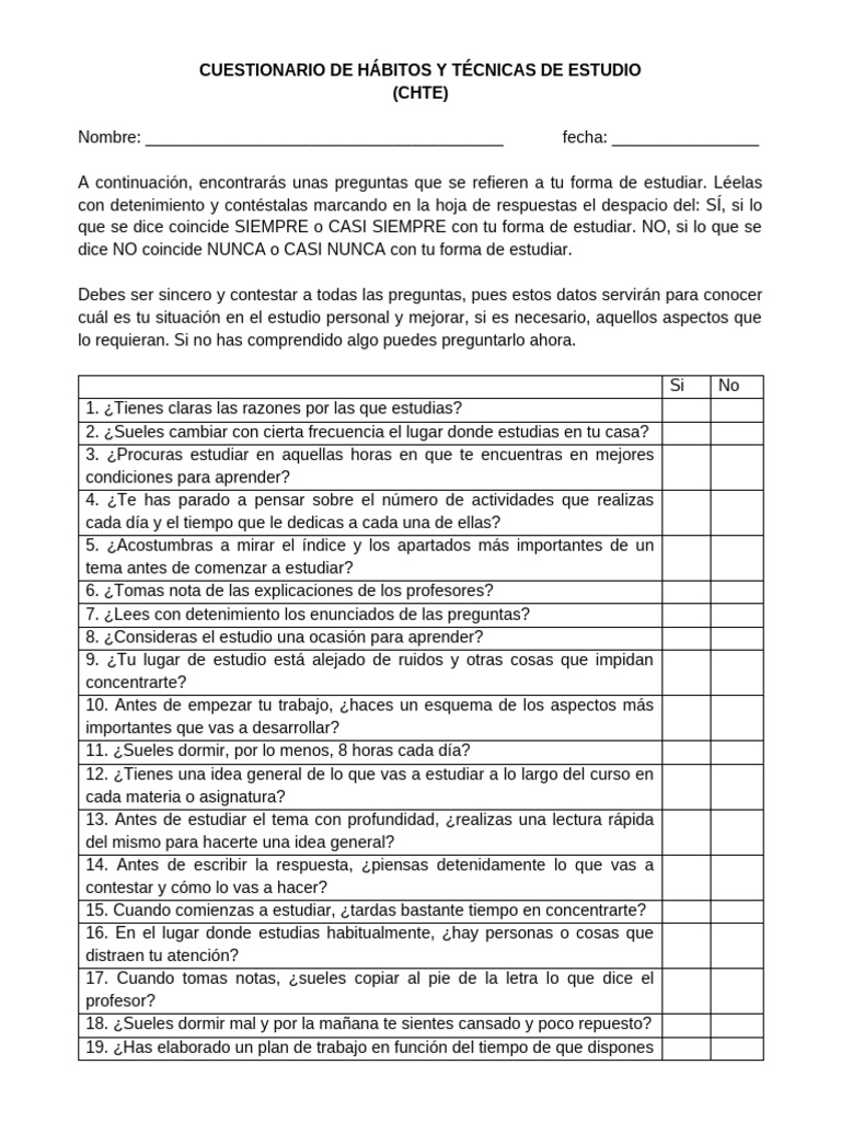 Cuestionario CHTE (Hábitos Estudio) | PDF