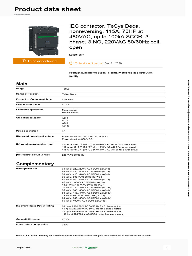 Schneider Electric - TeSys-Deca-Contactors - LC1D115M7 | PDF ...