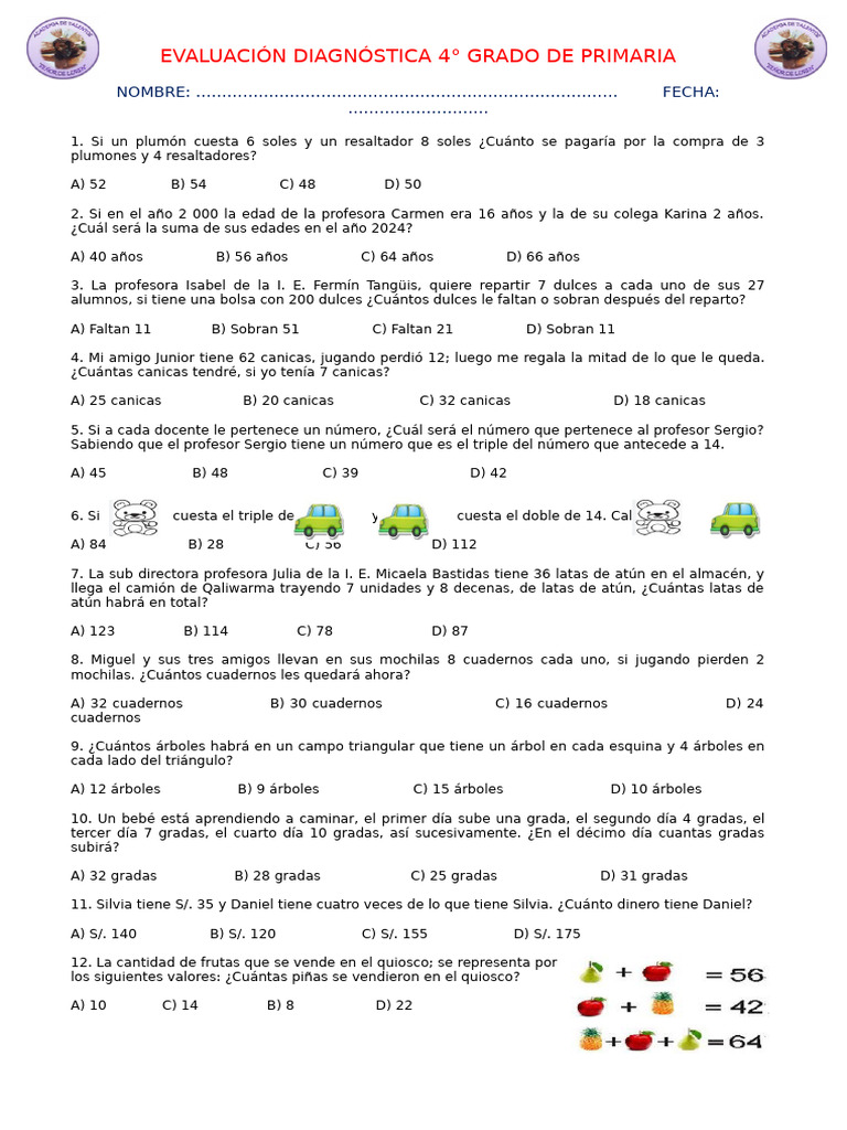 Evaluación Diagnóstica Matemáticas 4° Grado | PDF