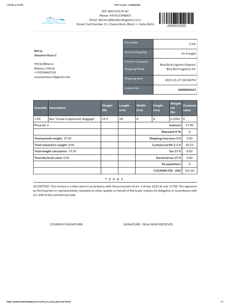 Invoice for Air Freight Shipping | PDF | Invoice