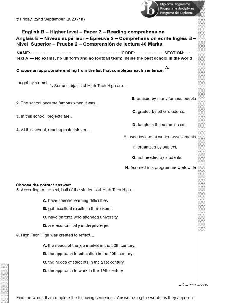 English B Paper 2 Reading Comprehension Question Booklet HL | PDF | Reading Comprehension ...