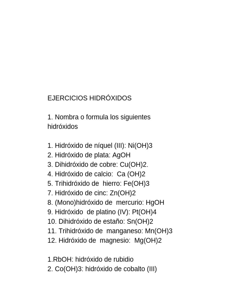 Formulacion Inorganica. EJERCICIOS HIDROXIDOS Y SALES BINARIAS | PDF | Hidróxido | Minerales de ...