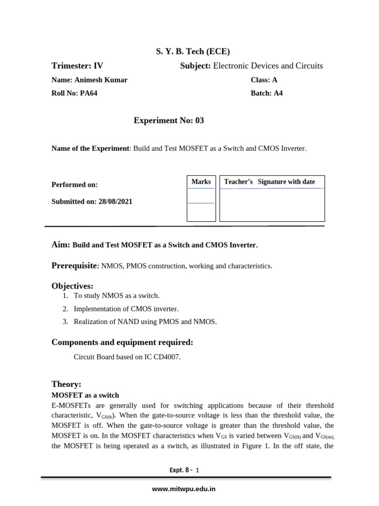 EDC Expt 3 Ref | PDF | Cmos | Mosfet
