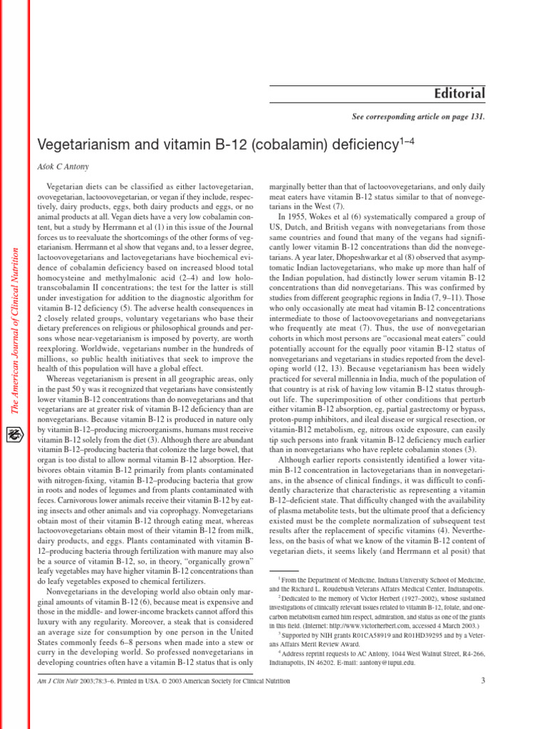 Vegetarianism and Vitamin B-12 (Cobalamin) Deficiency | PDF | Vitamin ...