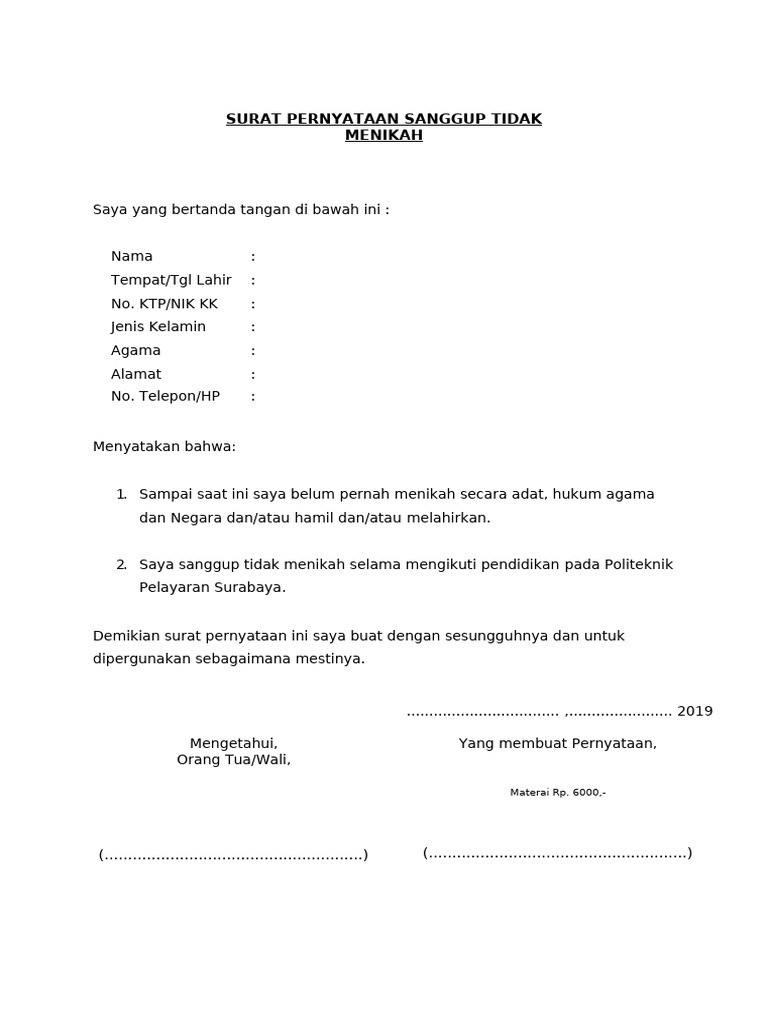 Surat Pernyataan Tidak Menikah Pelayaran | PDF