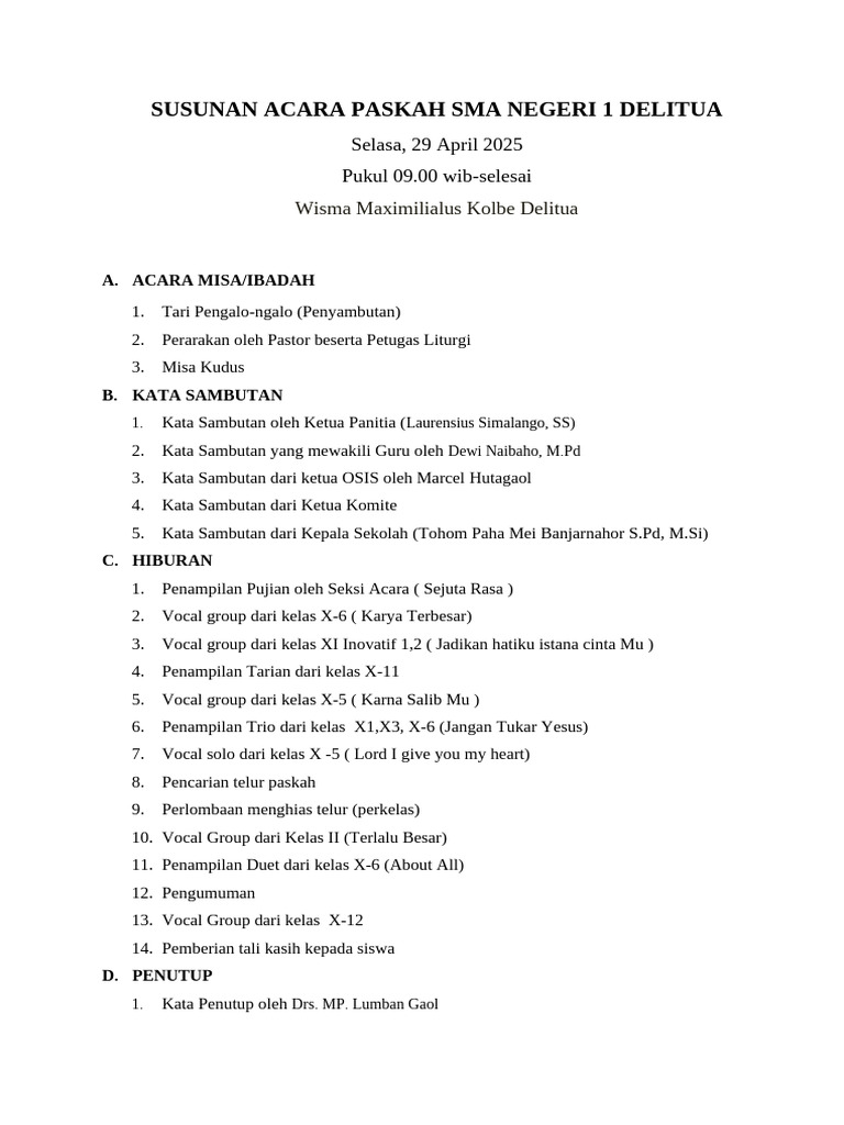 TERTIB ACARA PASKAH SMA NEGERI 1 DELITUA | PDF
