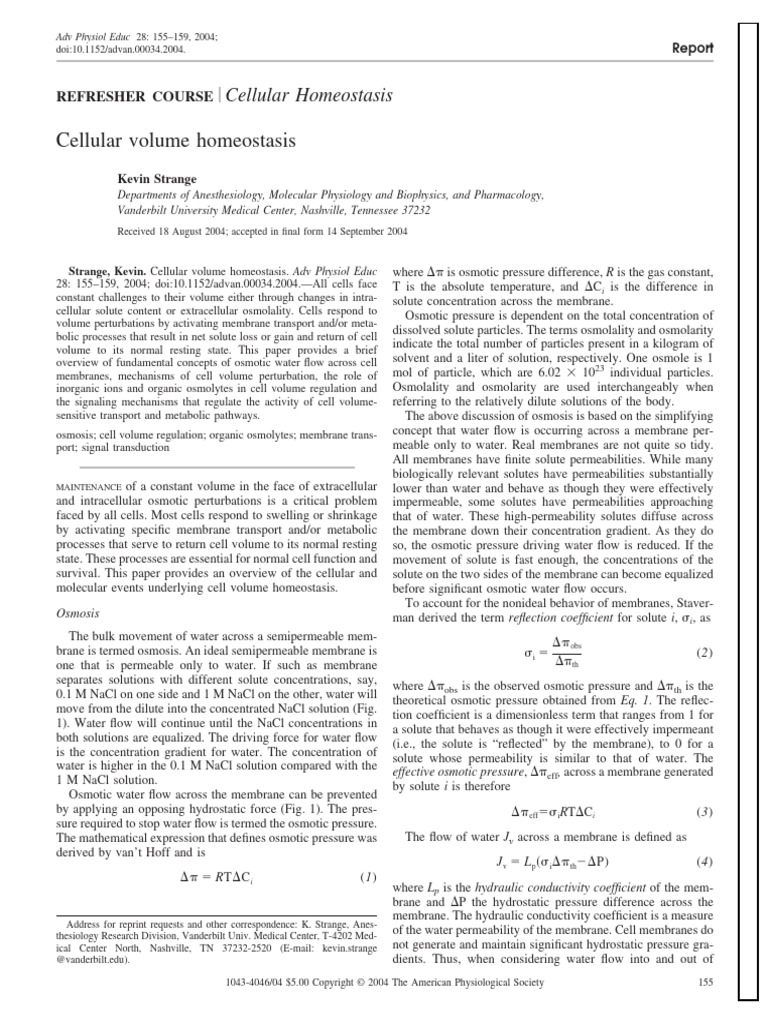 Cellular Volume Homeostasis | PDF | Osmosis | Cell Membrane