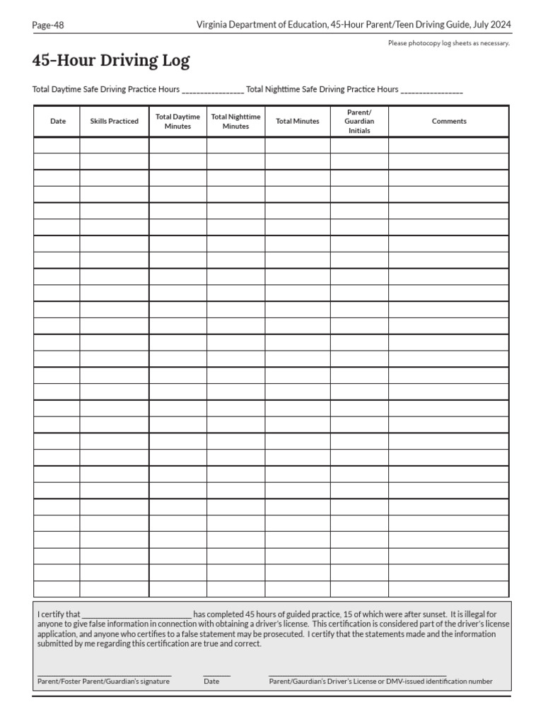 45-Hour Driving Log: Virginia Department of Education, 45-Hour Parent ...