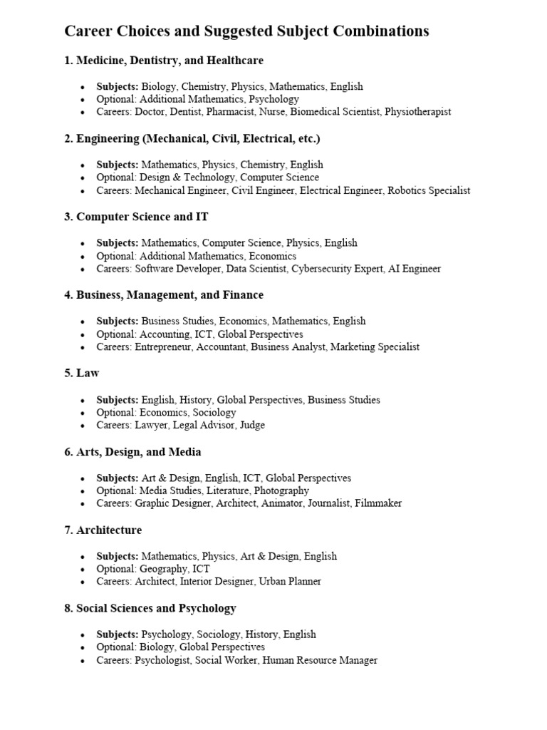 Career Choices and Suggested Subject Combinations | PDF | Science ...