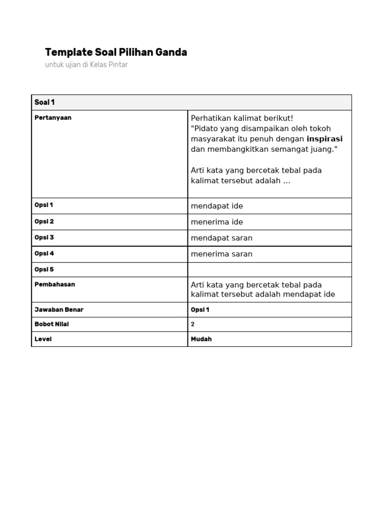 Template Soal Pilihan Ganda-Bahasa Indonesia | PDF