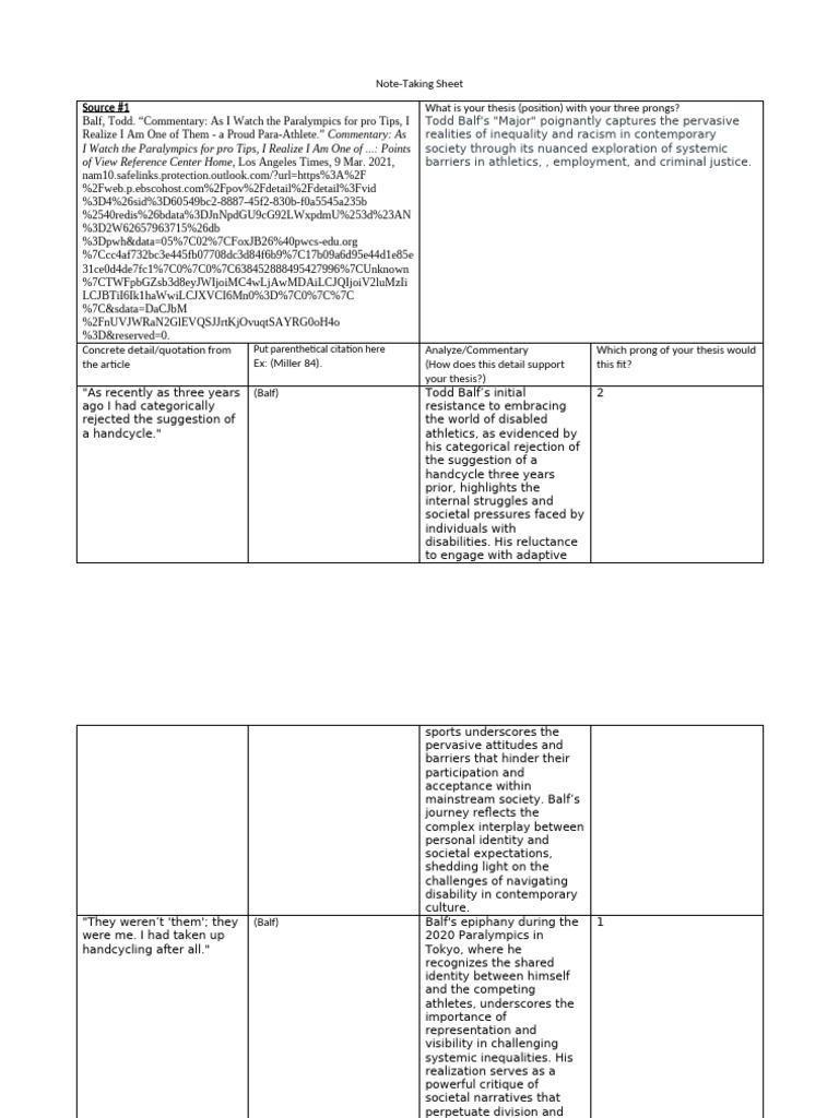 Note Taking Sheets For Your Articles | PDF | Disability | Politics And Race